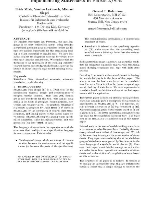 (PDF) Implementing statecharts in PROMELA/SPIN