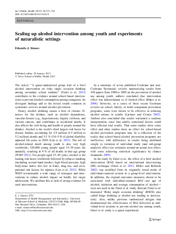 (PDF) Scaling up alcohol intervention among youth and experiments of naturalistic settings