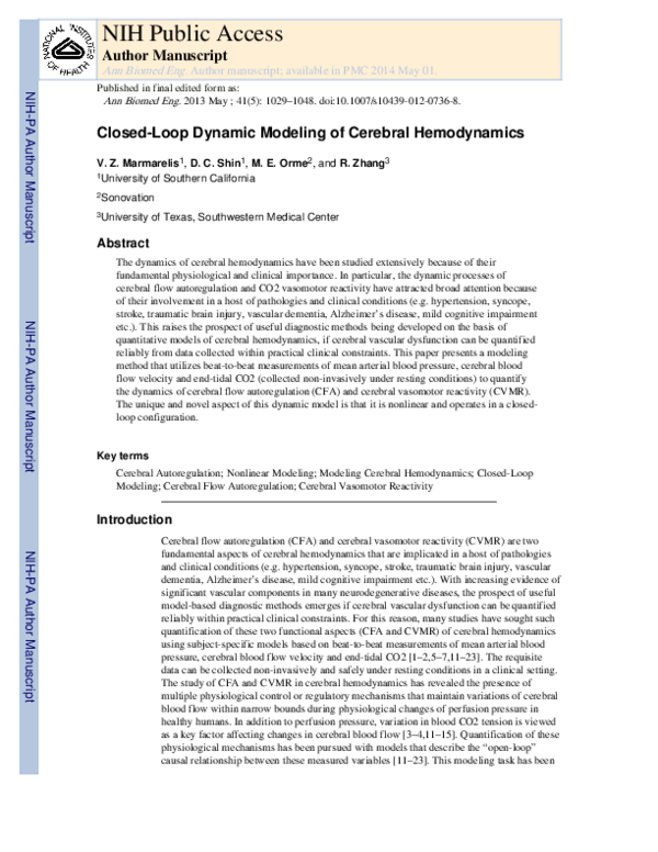 (PDF) Closed-Loop Dynamic Modeling of Cerebral Hemodynamics