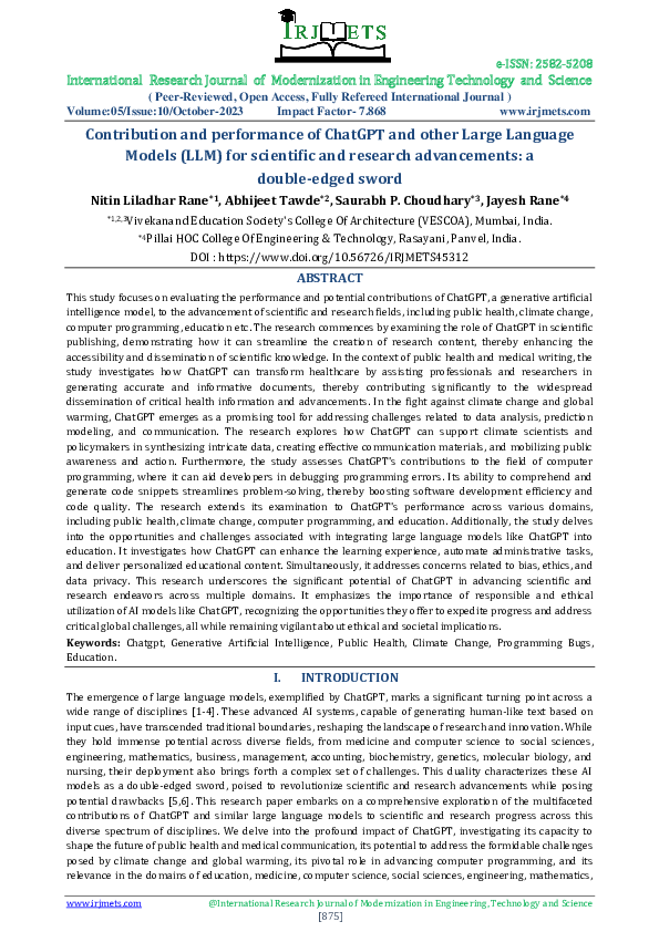 (PDF) Contribution and performance of ChatGPT and other Large Language Models (LLM) for ...