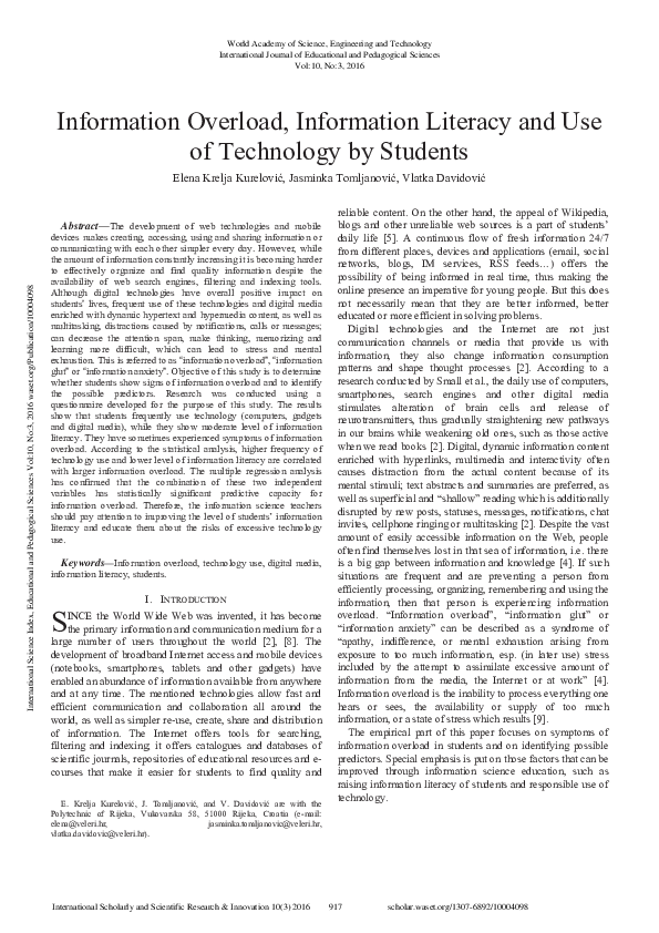 (PDF) Information Overload, Information Literacy and Use of Technology by Students