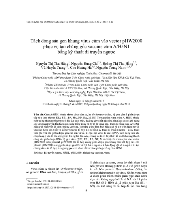 (PDF) Tách dòng sáu gen khung virus cúm A/H5N1 vào vector pHW2000 phục ...