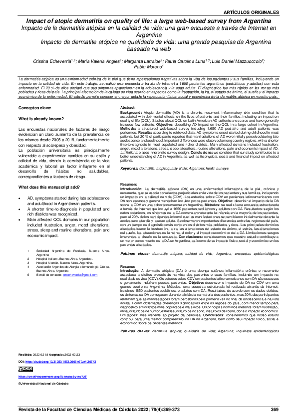 (PDF) Impact of atopic dermatitis on quality of life: a large web-based ...