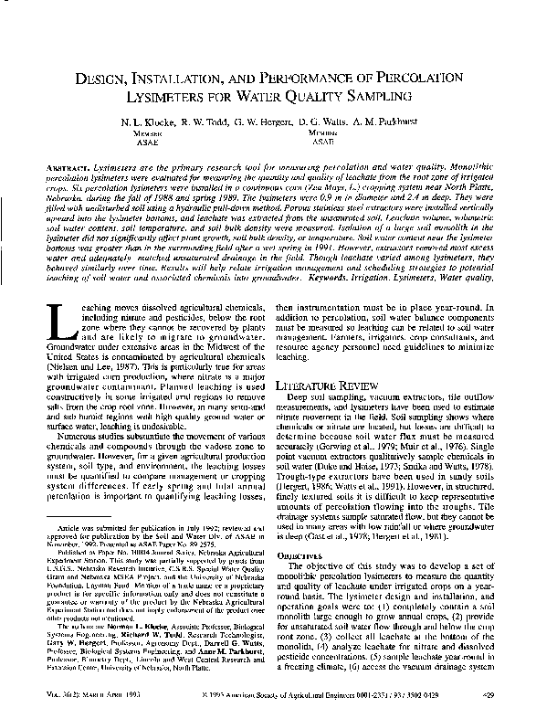 (PDF) Design, Installation, and Performance of Percolation Lysimeters ...