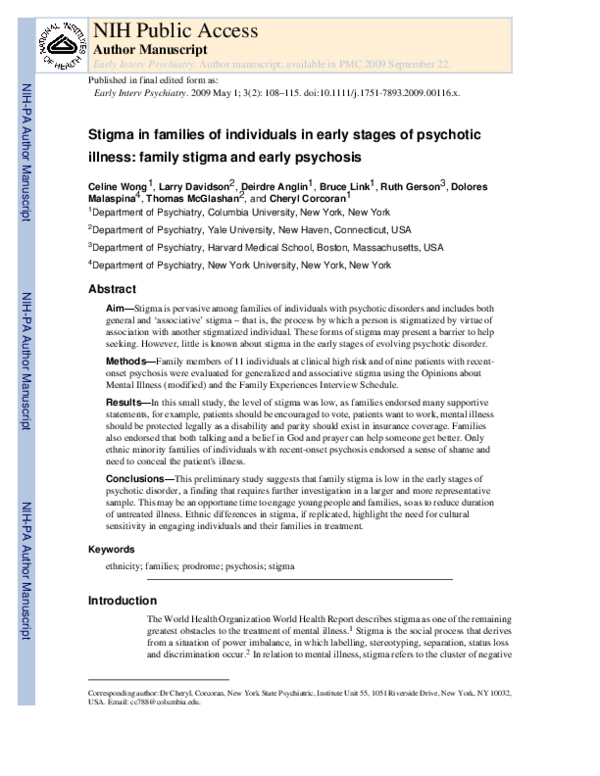 (PDF) Stigma in families of individuals in early stages of psychotic illness: family stigma and ...