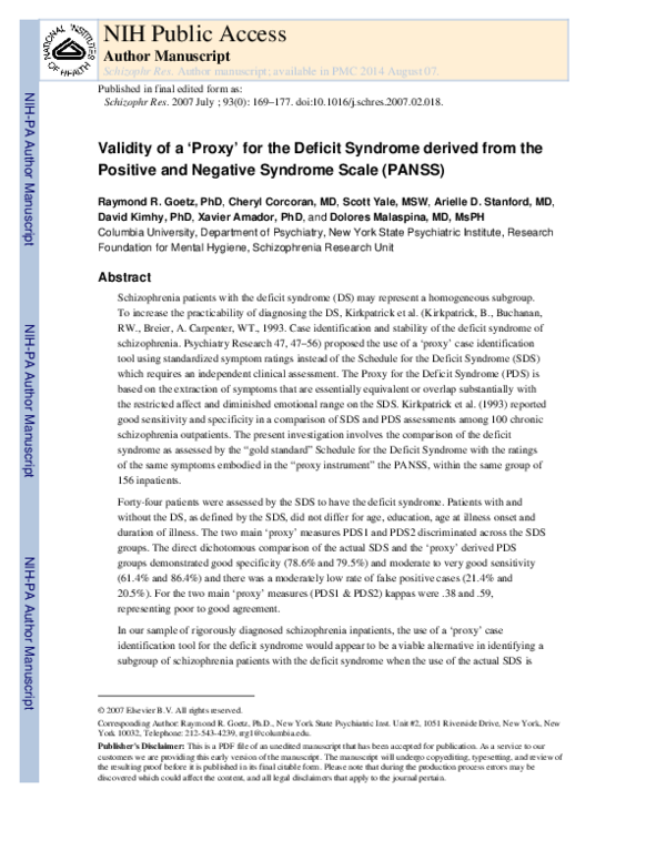 (PDF) Validity of a ‘proxy’ for the deficit syndrome derived from the ...