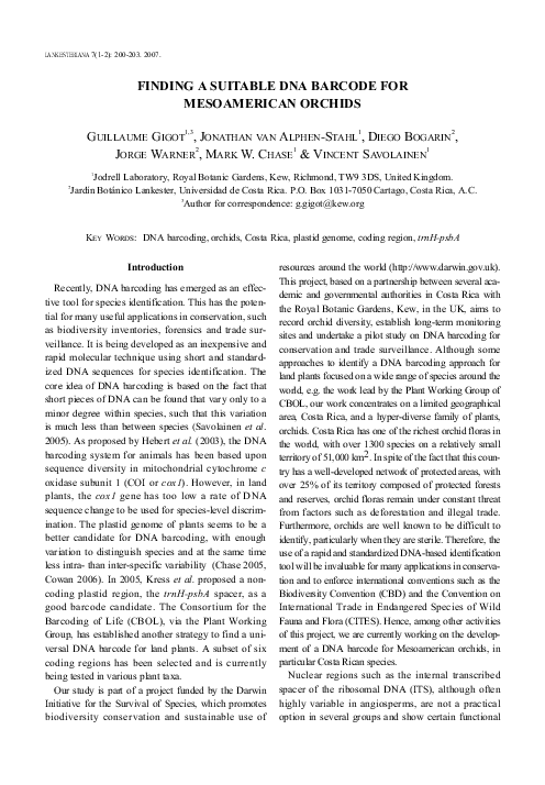 (PDF) Finding a suitable DNA barcode for Mesoamerican orchids