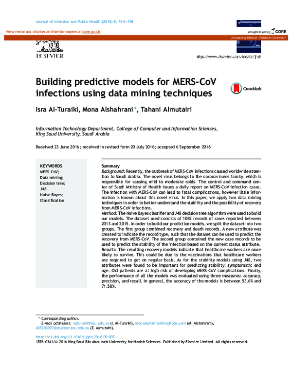 (PDF) Building predictive models for MERS-CoV infections using data mining techniques
