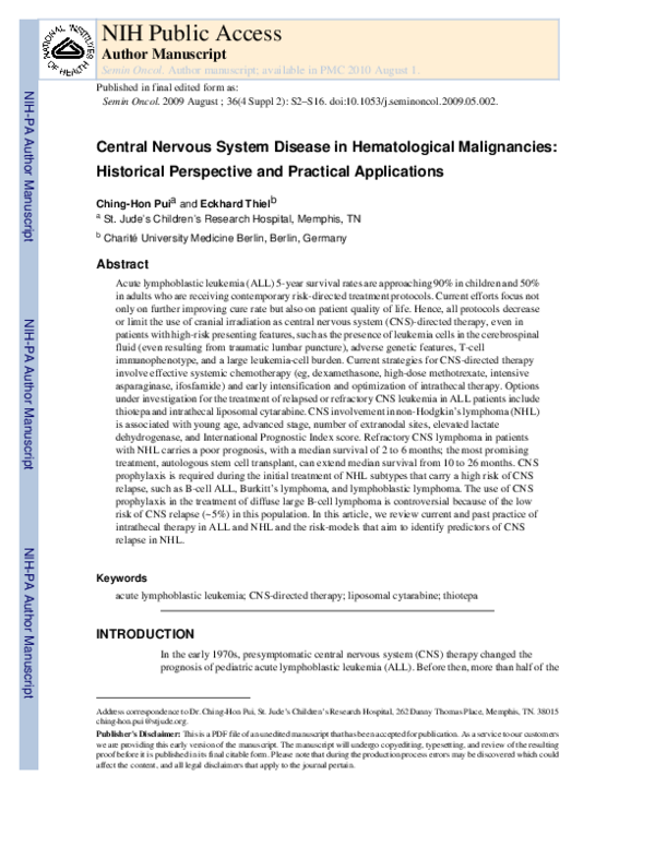 (PDF) Central Nervous System Disease in Hematologic Malignancies: Historical Perspective and ...