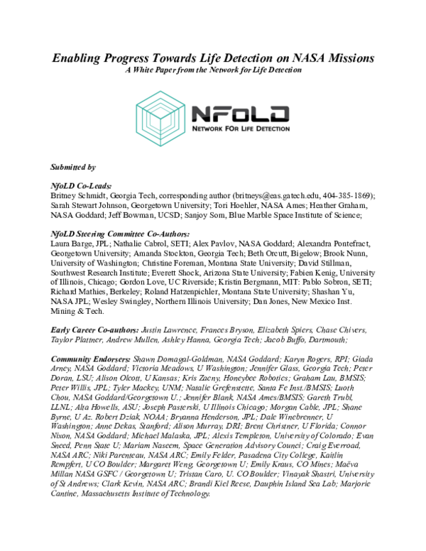 (PDF) Enabling Progress Towards Life Detection on NASA Missions