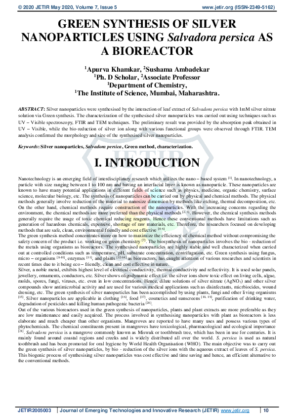(PDF) GREEN SYNTHESIS OF SILVER NANOPARTICLES USING Salvadora persica AS A BIOREACTOR | Sushama ...
