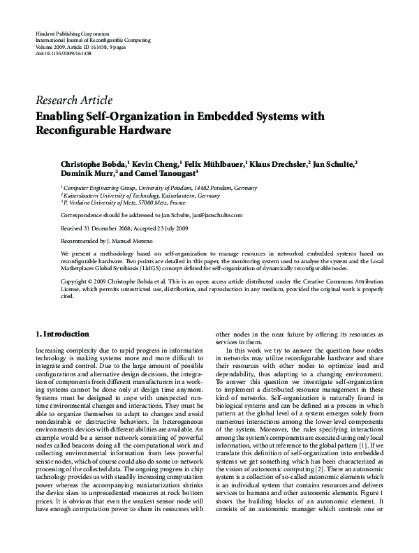 (PDF) Enabling Self-Organization in Embedded Systems with Reconfigurable Hardware | Camel ...