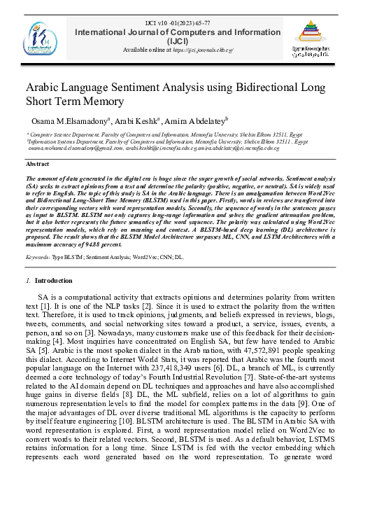 Pdf Arabic Language Sentiment Analysis Using Bidirectional Long Short