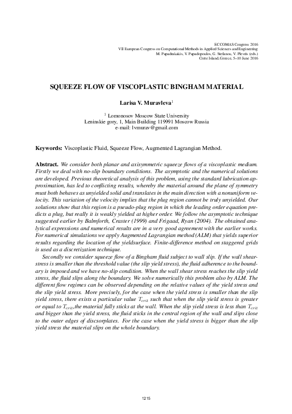 (PDF) Squeeze Flow of Viscoplastic Bingham Material | Лариса Муравлева - Academia.edu