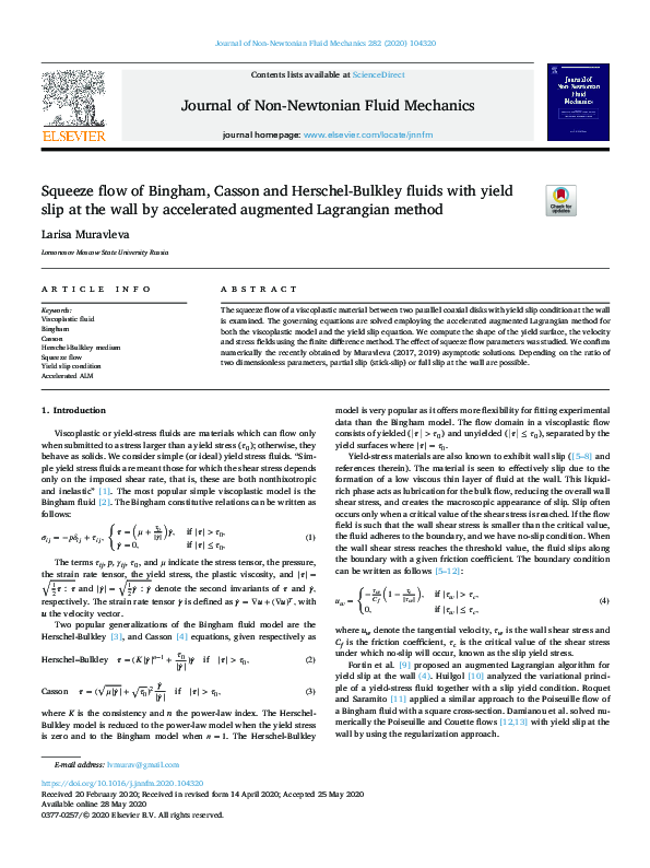 (PDF) Squeeze flow of Bingham, Casson and Herschel-Bulkley fluids with ...