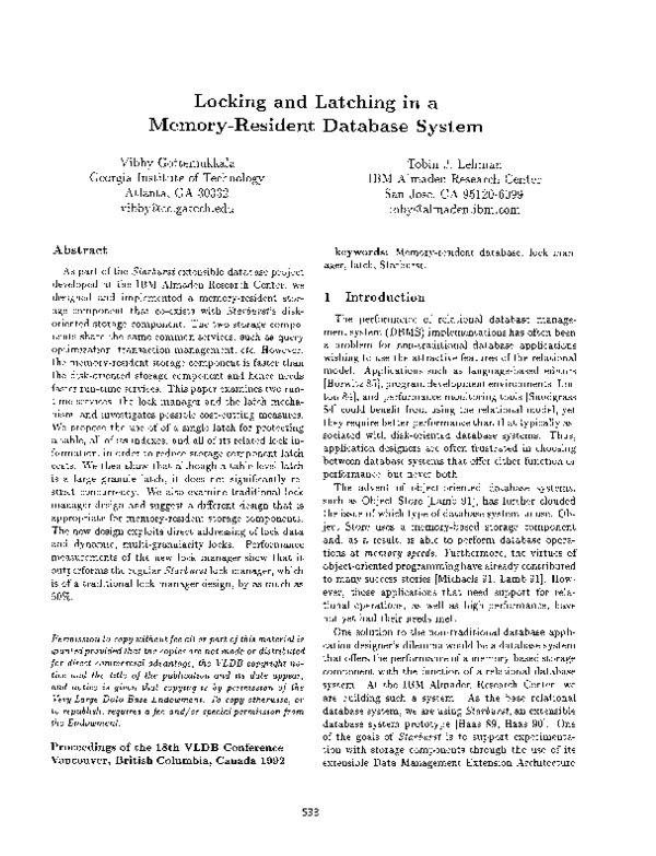 (PDF) Abstract Locking and Latching in a Memory-Resident Database System