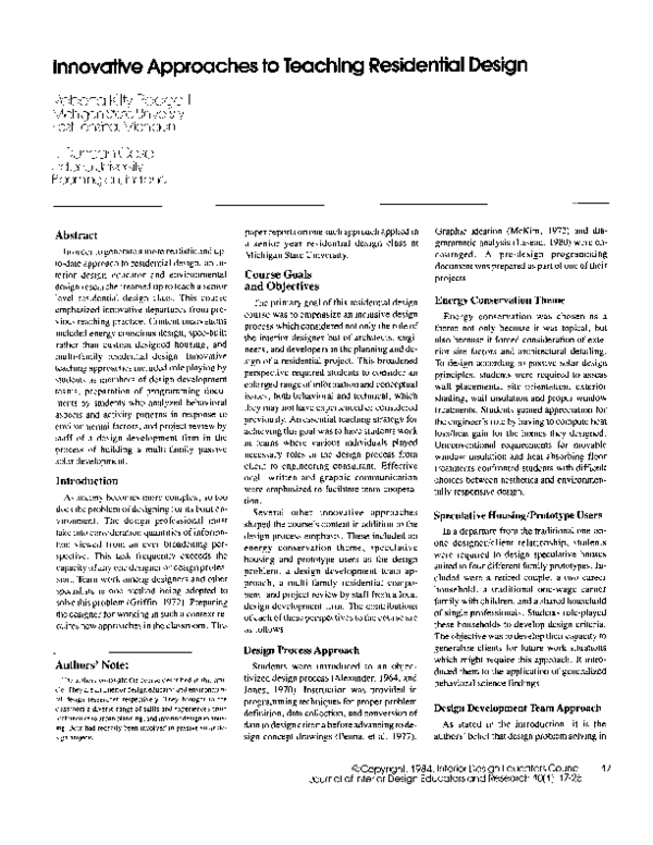 (PDF) Innovative Approaches to Teaching Residential Design (PDF) Innovative Approaches to Teaching Residential Design