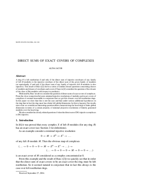 (PDF) Direct sums of exact covers of complexes | Alina Mariana Iacob ...