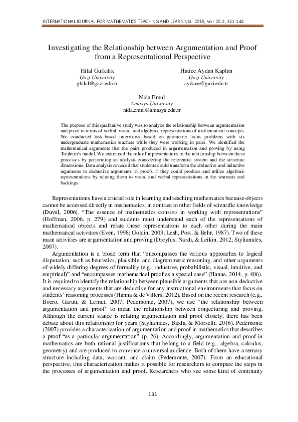 (PDF) Investigating the Relationship between Argumentation and Proof from a Representational ...