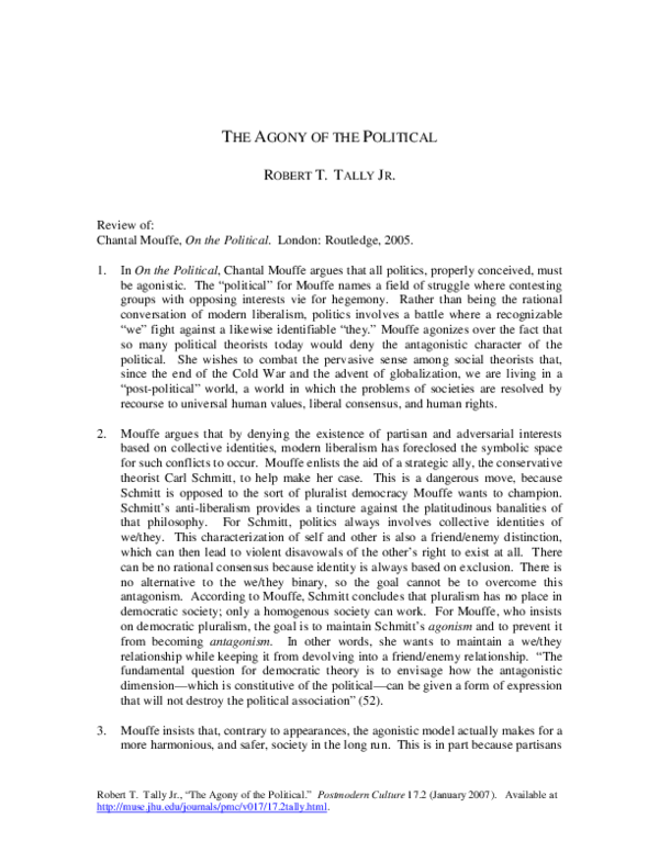 (PDF) The Agony of the Political. A review of Chantal Mouffe, On the ...