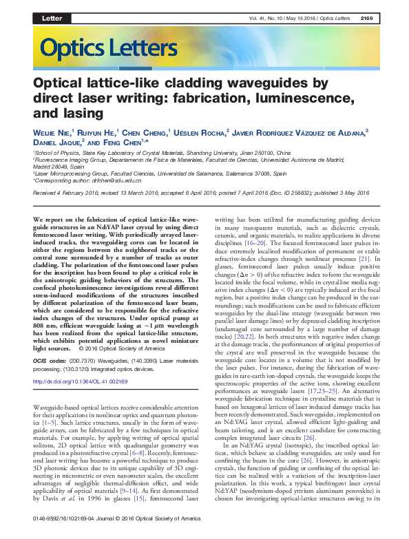 (PDF) Optical lattice-like cladding waveguides by direct laser writing ...