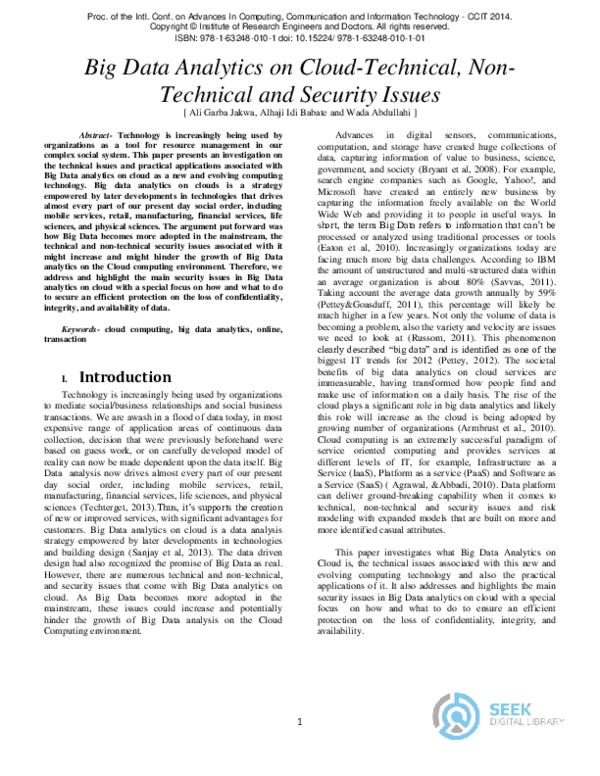 Pdf Big Data Analytics On Cloud Technical Non Technical And Security Issues