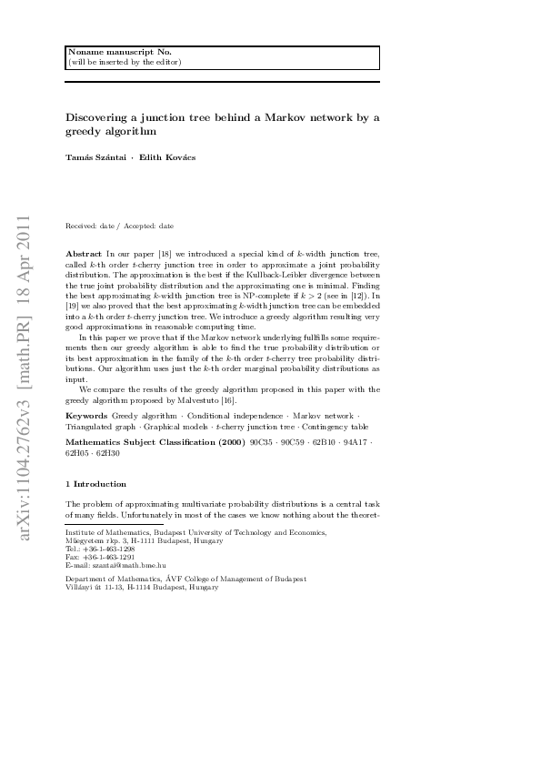 Pdf Discovering A Junction Tree Behind A Markov Network By A Greedy Algorithm Edith Kovács