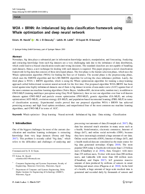 (PDF) WOA + BRNN: An imbalanced big data classification framework using Whale optimization and ...