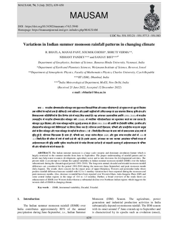 (PDF) Variations in Indian Summer Monsoon Rainfall patterns in Changing ...