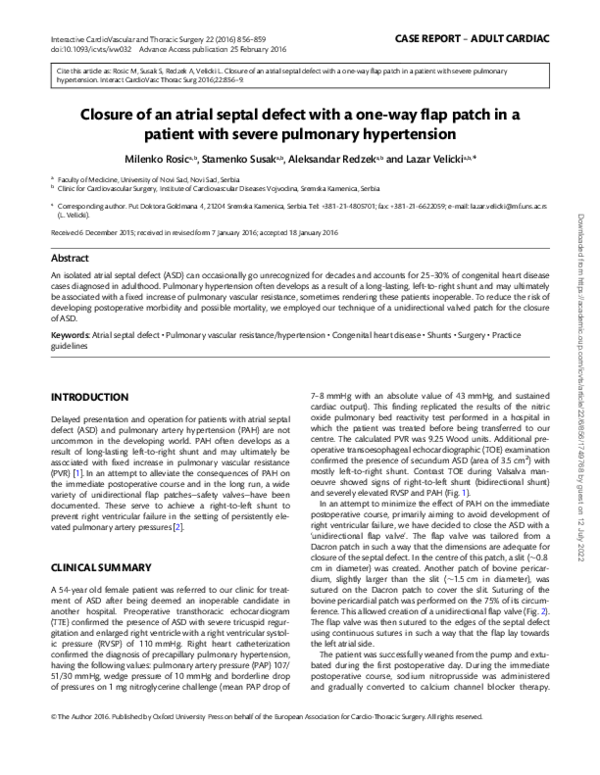 (PDF) Closure of an atrial septal defect with a one-way flap patch in a ...