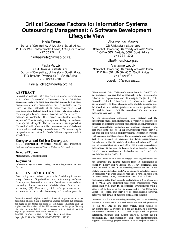 (PDF) Critical success factors for information systems outsourcing management