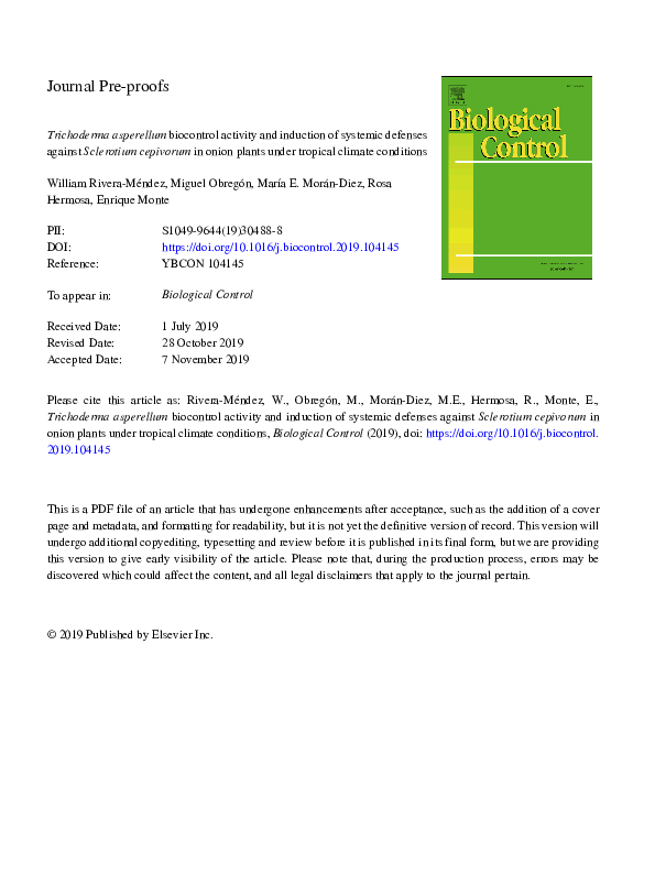 Pdf Trichoderma Asperellum Biocontrol Activity And Induction Of Systemic Defenses Against