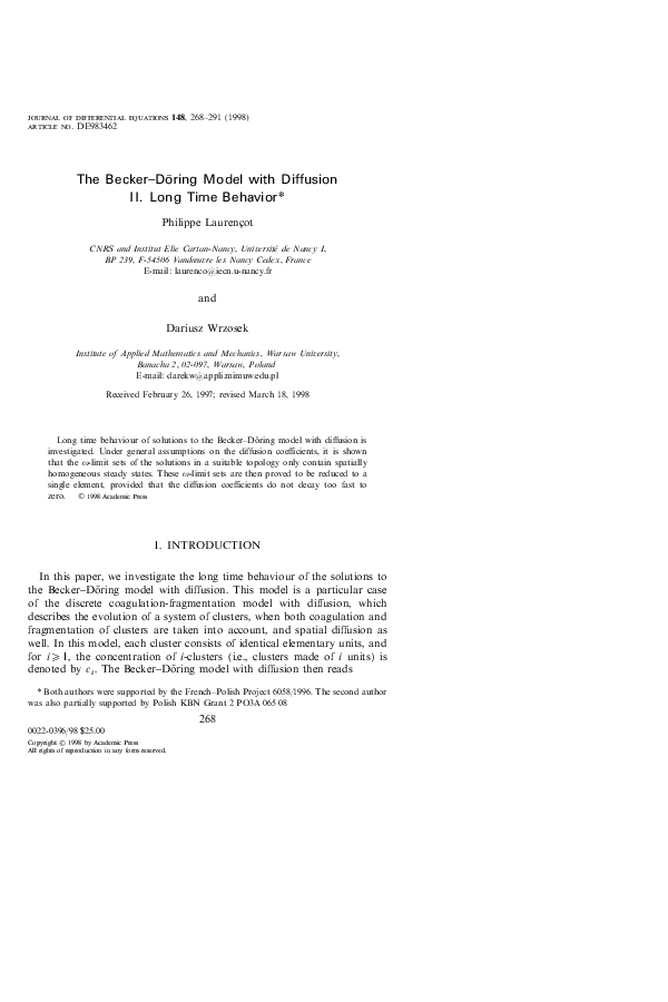 (PDF) The Becker–Döring Model with Diffusion II. Long Time Behavior | Dariusz Wrzosek - Academia.edu