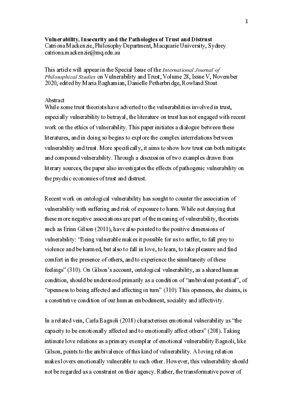 (PDF) Vulnerability, Insecurity and the Pathologies of Trust and Distrust