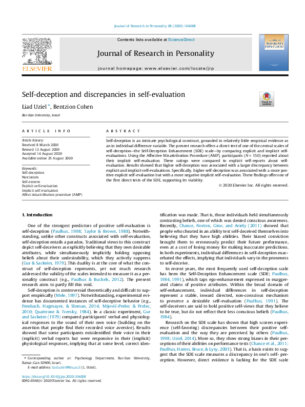 (PDF) Self-deception and discrepancies in self-evaluation
