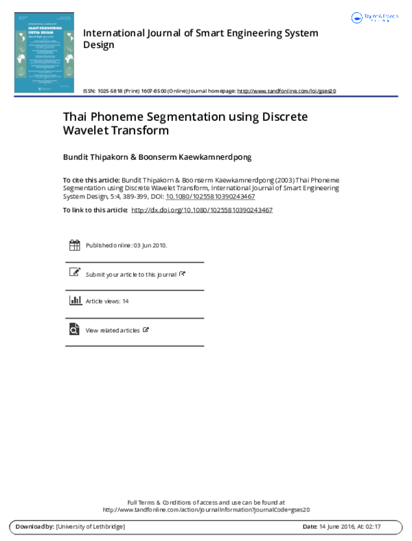 (PDF) Thai Phoneme Segmentation using Discrete Wavelet Transform | Bundit Thipakorn - Academia.edu