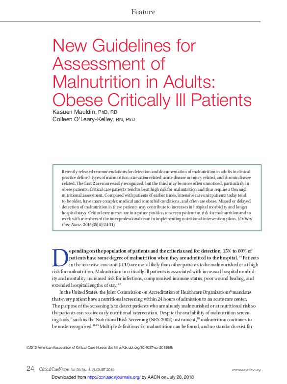 (PDF) New Guidelines for Assessment of Malnutrition in Adults: Obese ...