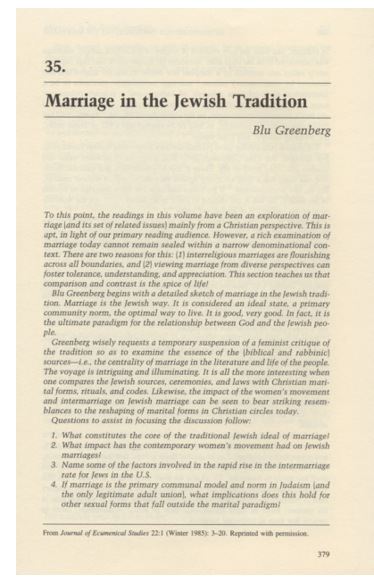 (PDF) Blu Greenberg, “Marriage in the Jewish Tradition,” in Kieran ...