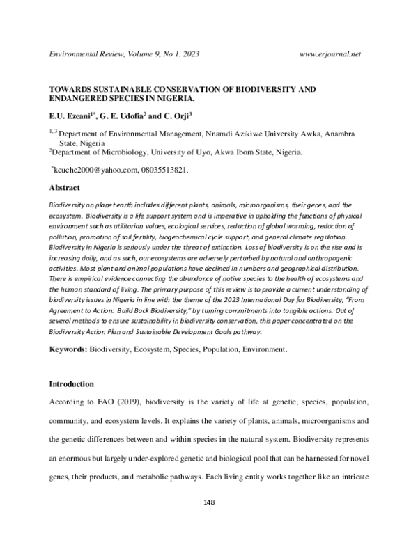 (PDF) Towards Sustainable Conservation of Biodiversity and Endangered Species in Nigeria.