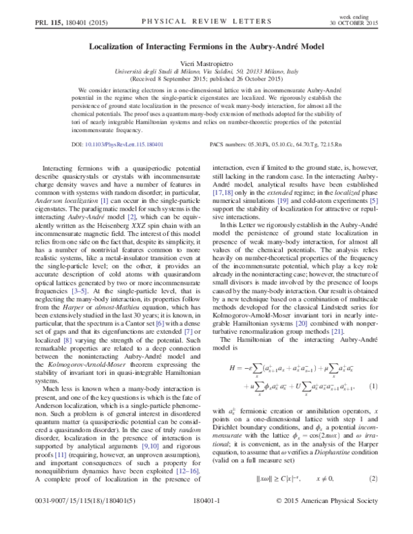 (PDF) Localization of Interacting Fermions in the Aubry-André Model ...