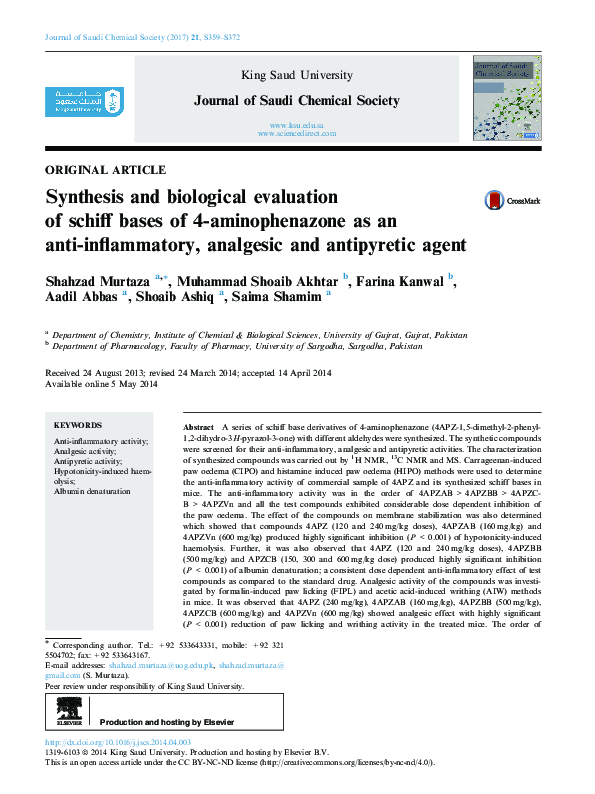 (PDF) Synthesis and biological evaluation of schiff bases of 4-aminophenazone as an anti ...