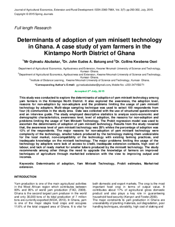 (PDF) Determinants of adoption of yam minisett technology in Ghana. A ...