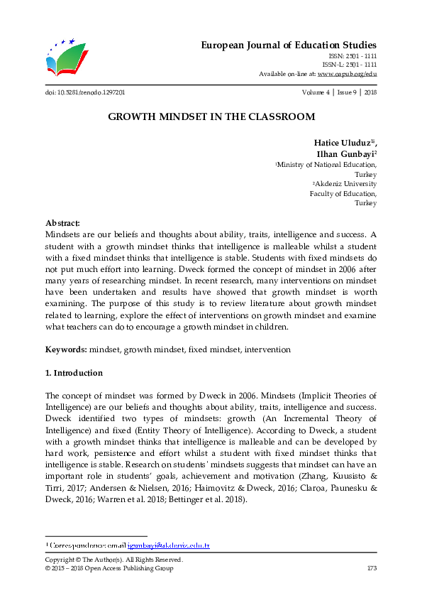 (PDF) Growth Mindset in the Classroom