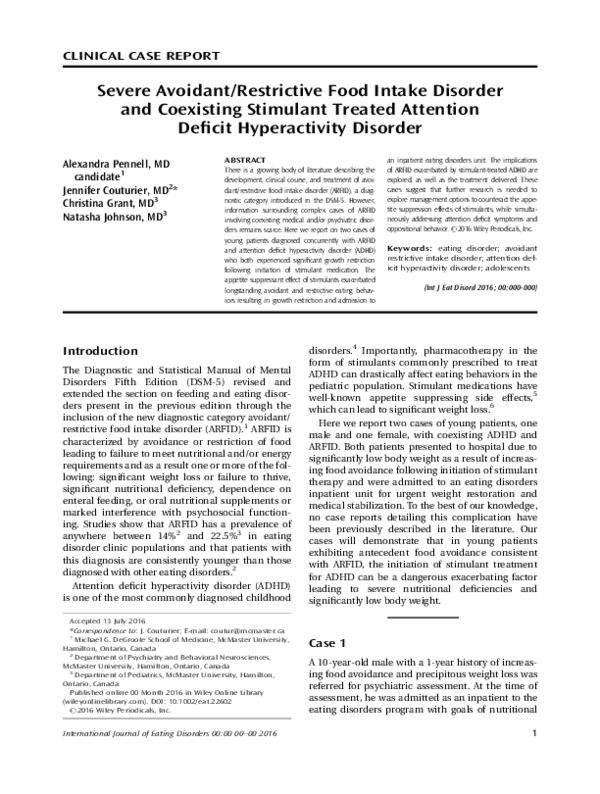 (PDF) Severe avoidant/restrictive food intake disorder and coexisting ...