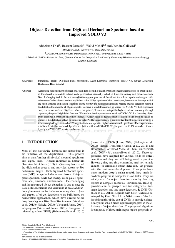 Pdf Objects Detection From Digitized Herbarium Specimen Based On Improved Yolo V3