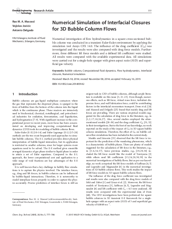 (PDF) Numerical Simulation of Interfacial Closures for 3D Bubble Column Flows