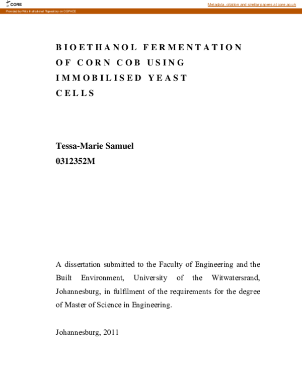 (PDF) Bioethanol fermentation of corn cob using immobilised yeast cells