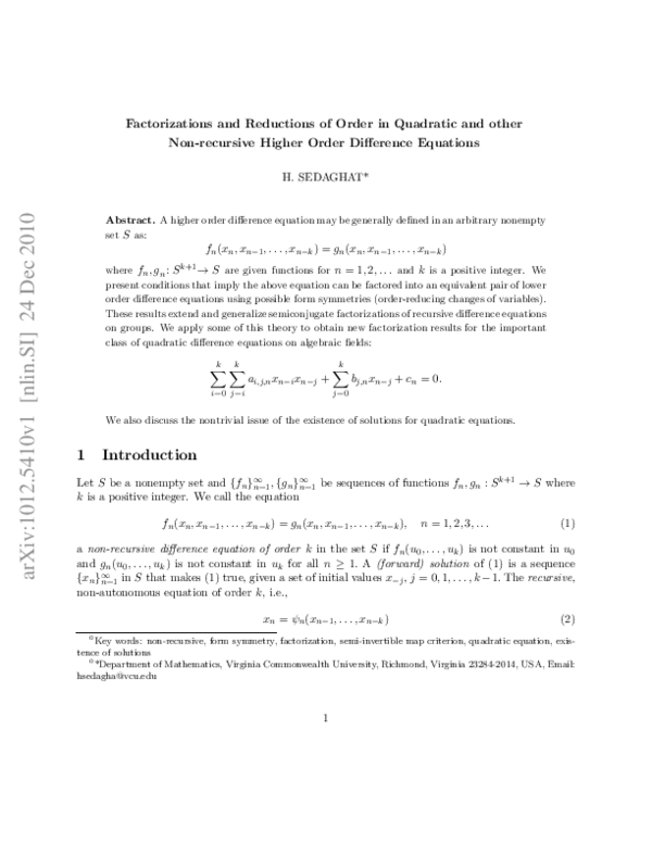 (PDF) Factorizations and Reductions of Order in Quadratic and other Non-recursive Higher Order ...