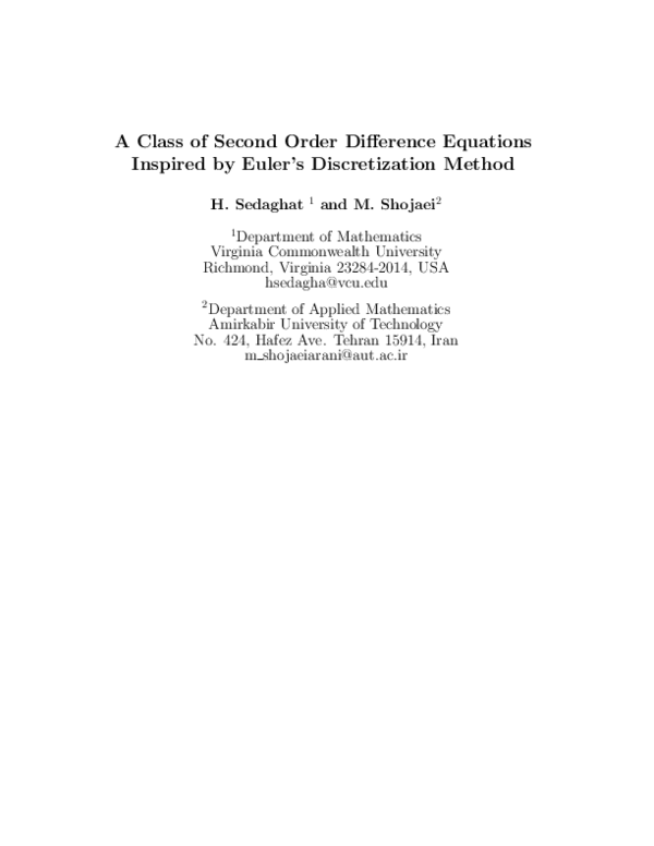 (PDF) A Class of Second Order Difference Equations Inspired by Euler’s Discretization Method