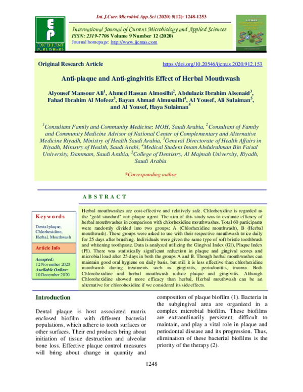 (PDF) Anti-plaque and Anti- gingivitis Effect of Herbal Mouthwash